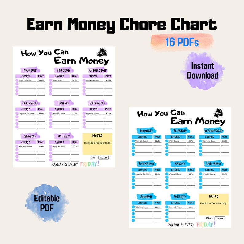 Editable Kids Chore Chart for Money Cool Color Tone, INSTANT Download ...