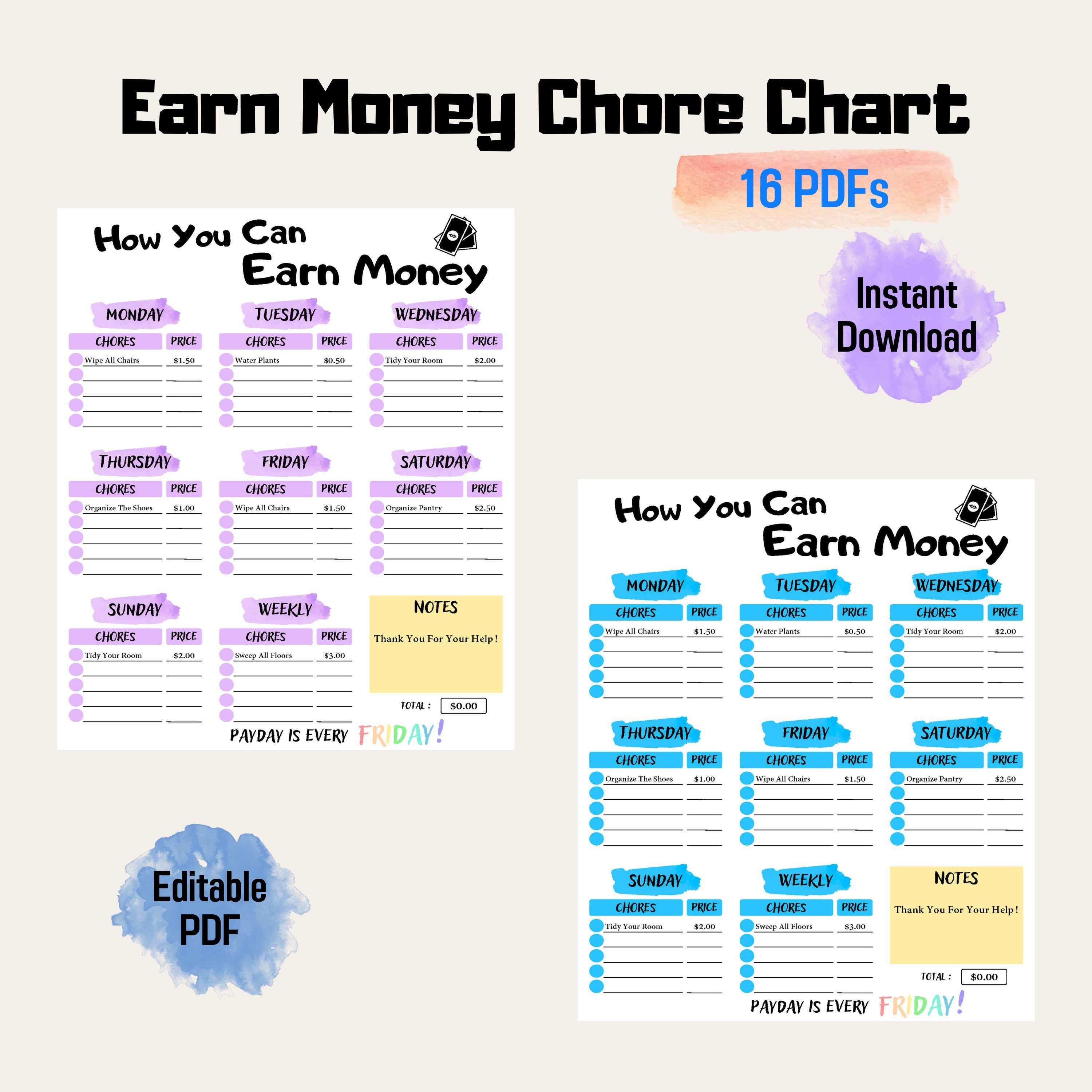 Editable Kids Chore Chart for Money Cool Color Tone, INSTANT Download ...