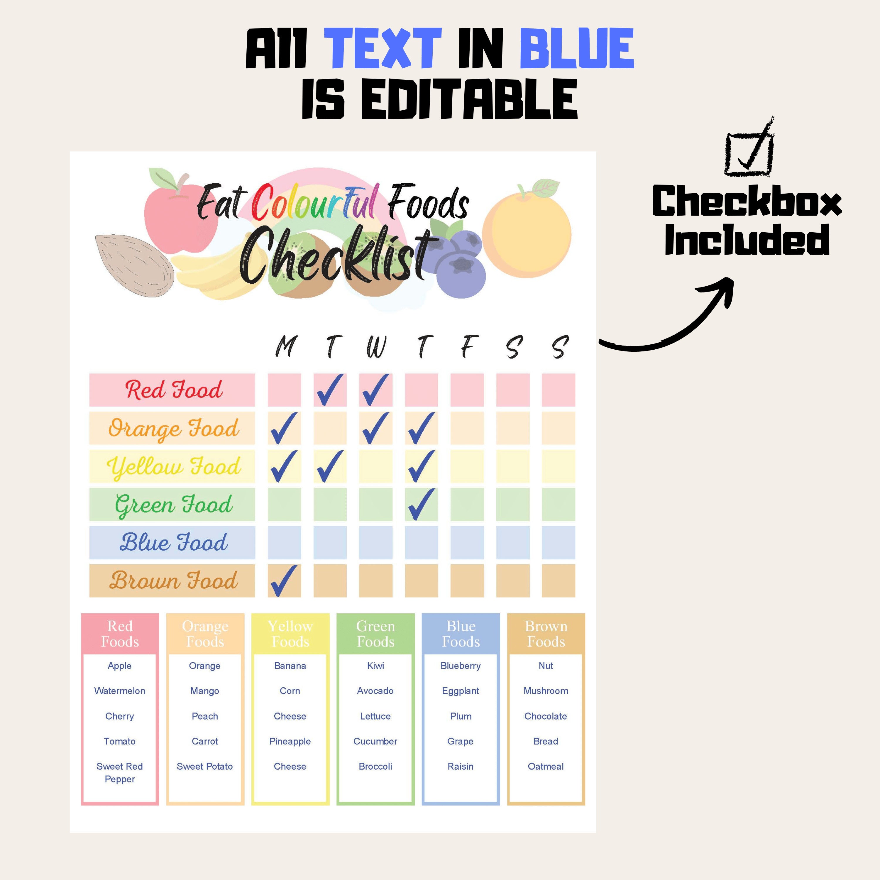 Eat Colourful Foods Checklist, Eat Colorfully, Eat the Rainbow Chart ...