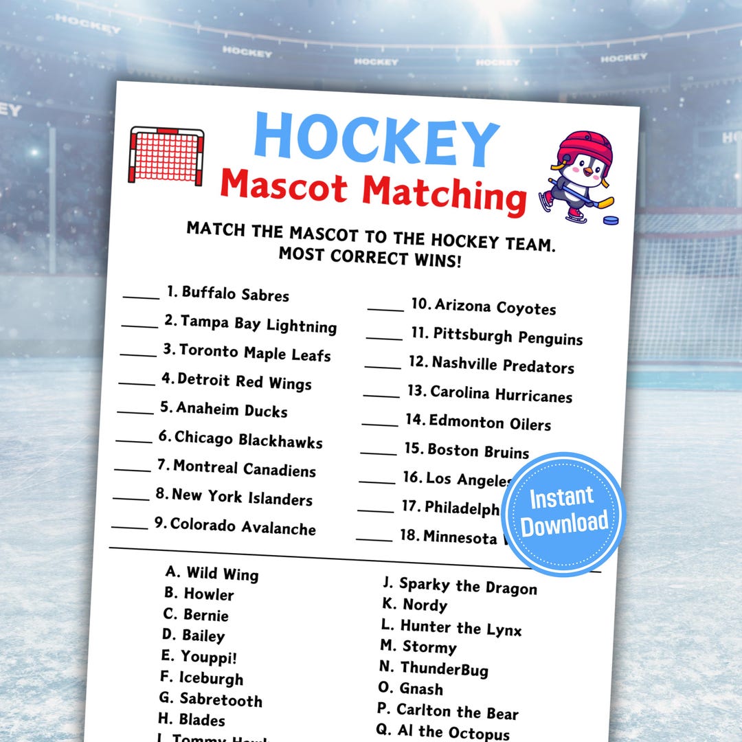 Hockey Mascot Matching Game | Printable Hockey Trivia Game | Hockey ...