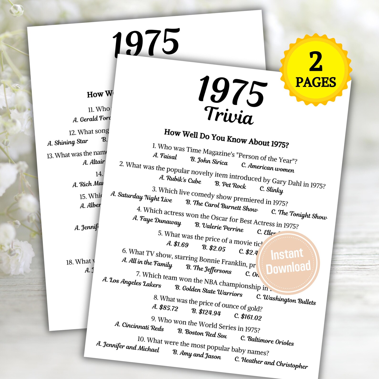 1975 Trivia Game | Printable 50th Birthday Party Game | Born in 1975 ...