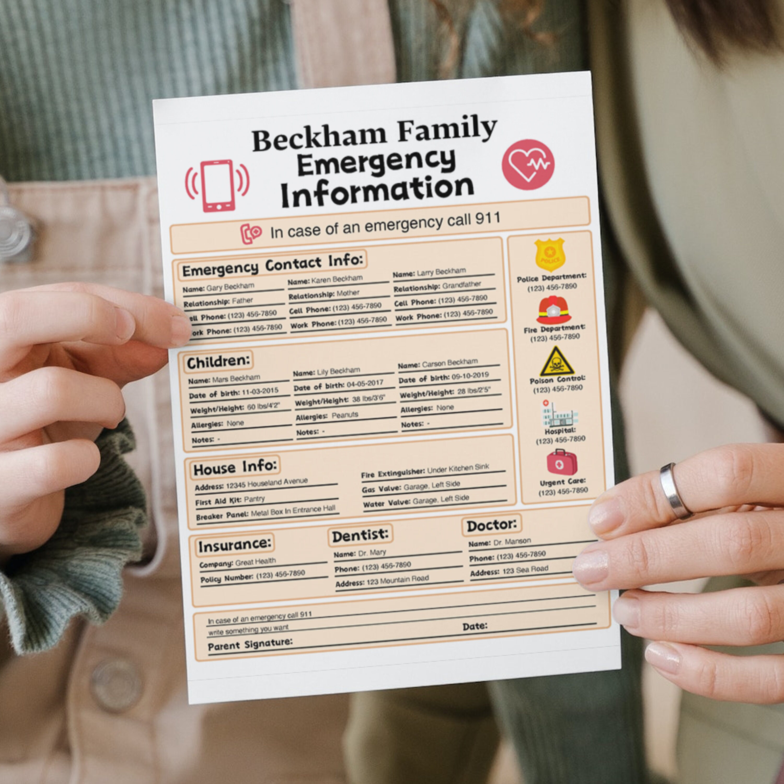 Printable Emergency Information Sheet Warm Color Tone Emergency Contact ...