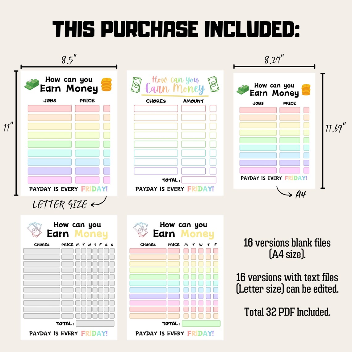 Editable Kids Earn Money Chore Chart Bundle Rainbow Color, Printable ...