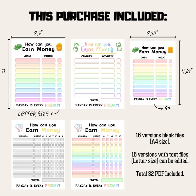 Editable Kids Earn Money Chore Chart Bundle Rainbow Color, Printable ...