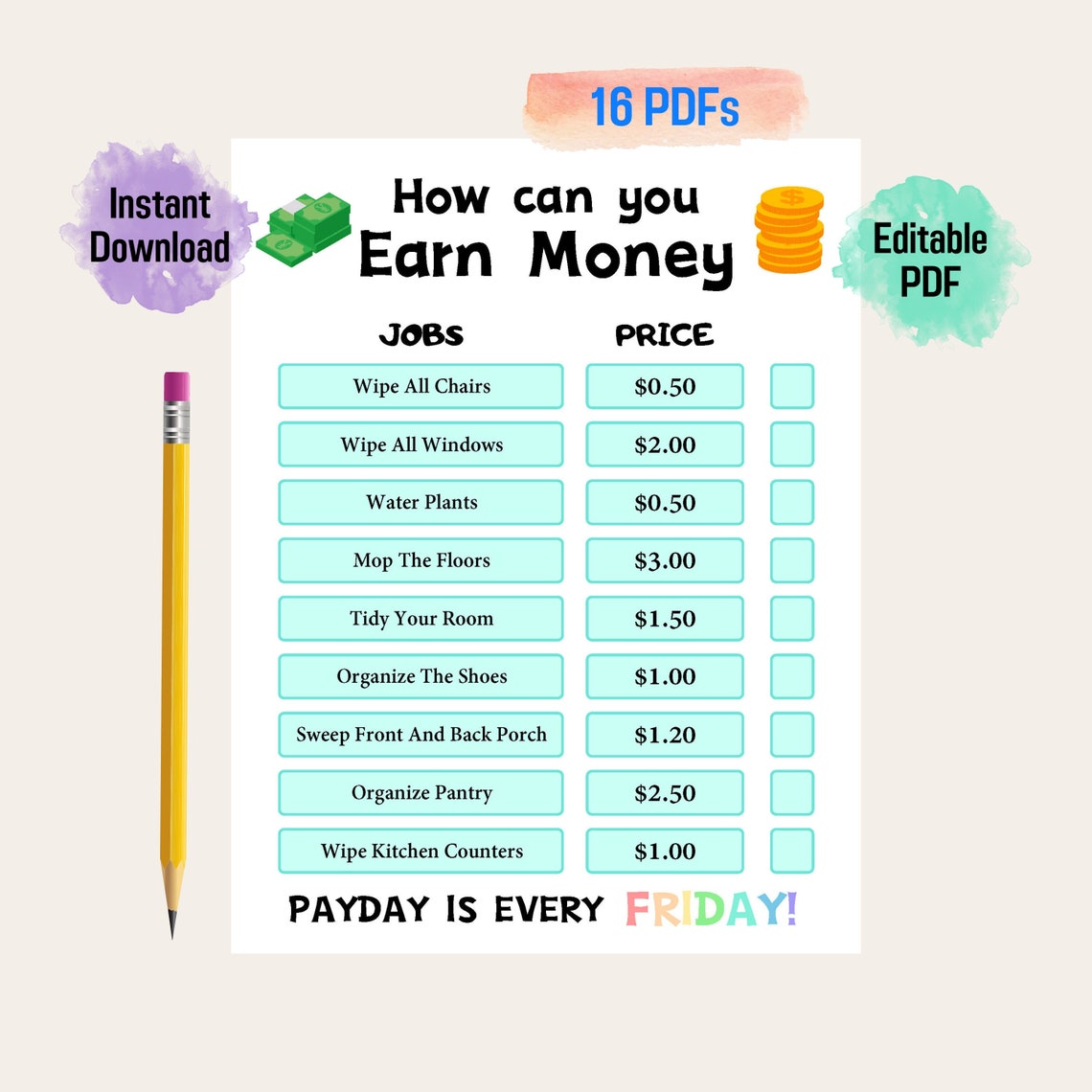 How to Earn Money Chore Chart Cool Color Tone, Printable Allowance ...