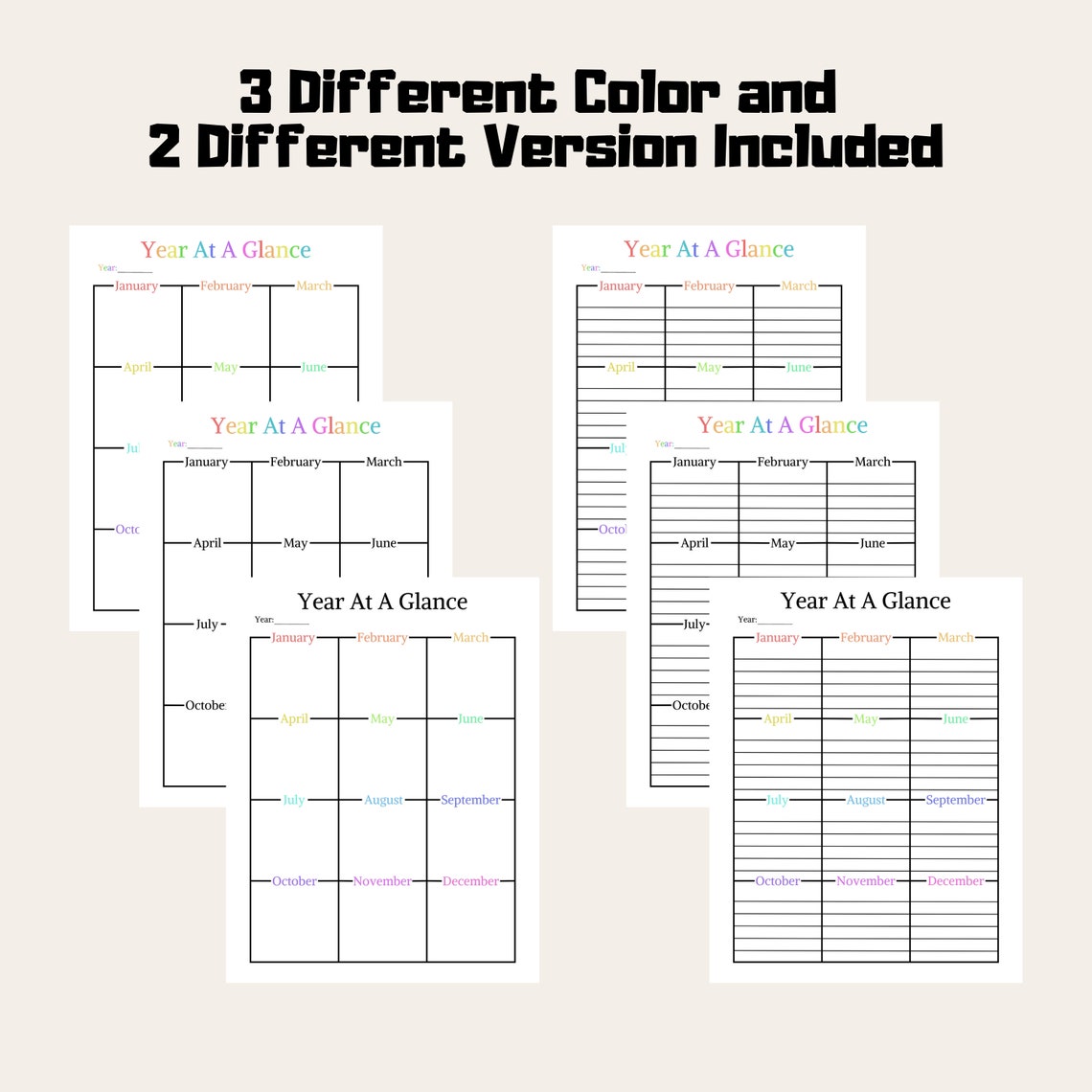 Editable Year at a Glance Planner Rainbow Color Tone, Planner Refills ...