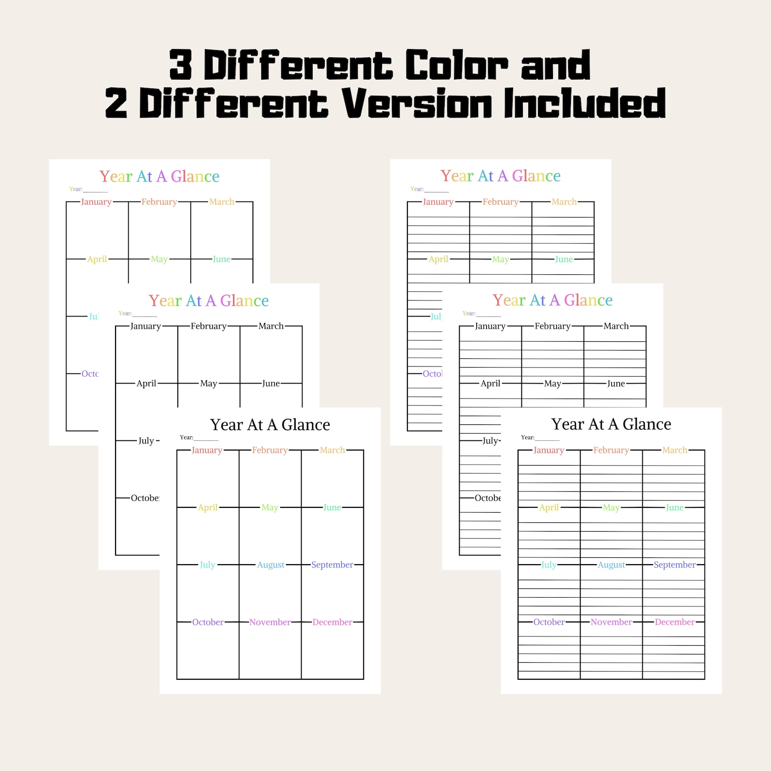 Editable Year at a Glance Planner Rainbow Color Tone, Planner Refills ...