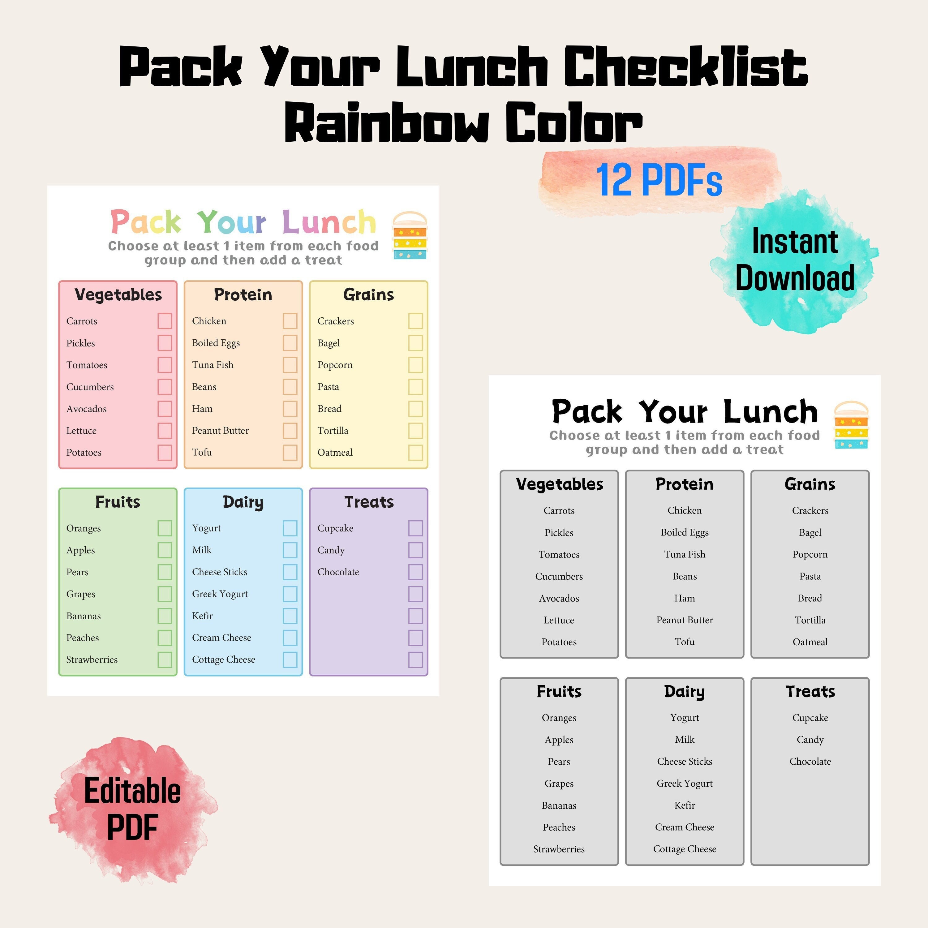 Pack Your Lunch Checklist Rainbow Color Kids Healthy Lunchbox Template ...