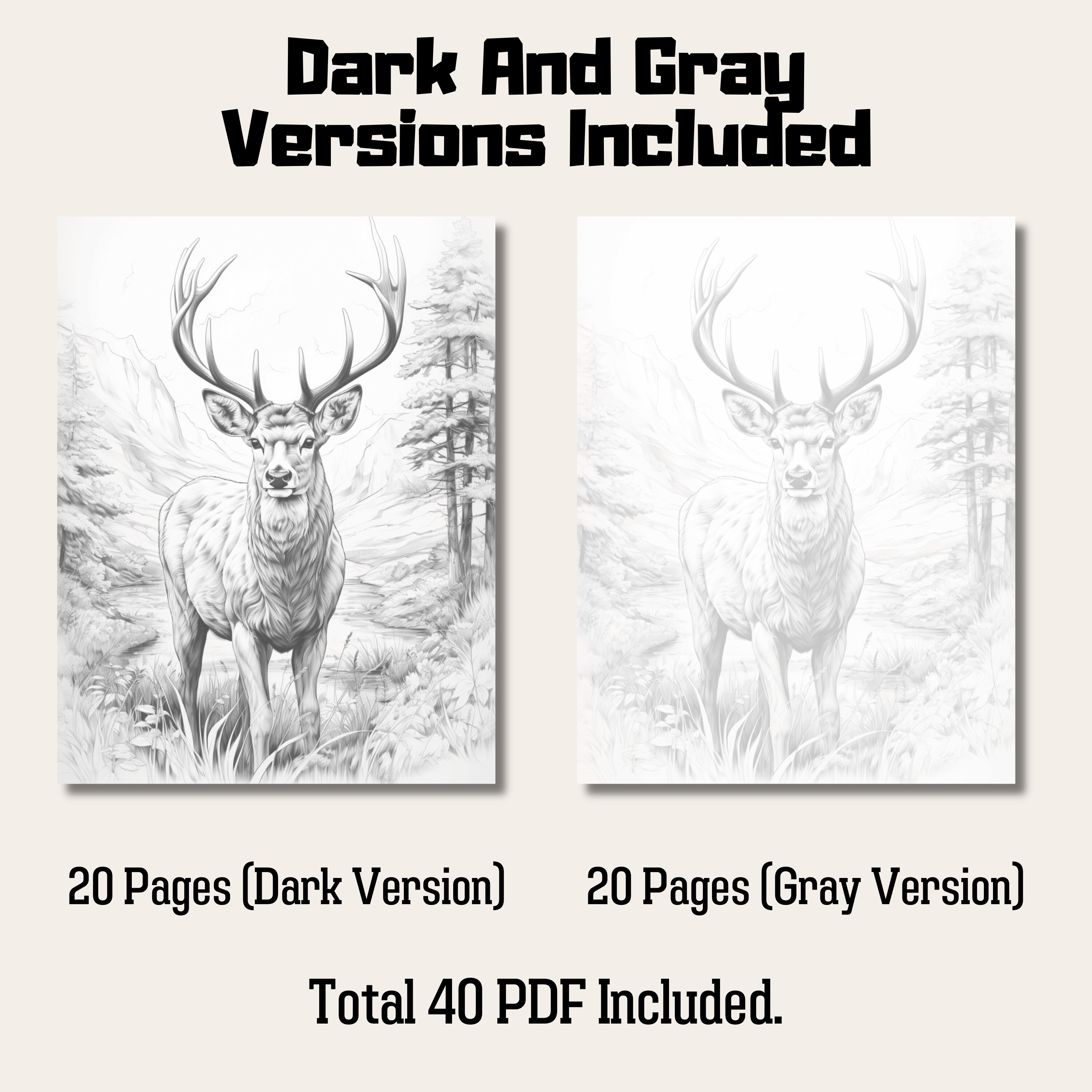20 Realistic Deer Grayscale Coloring Book, 20 Pages of Detail Wildlife ...