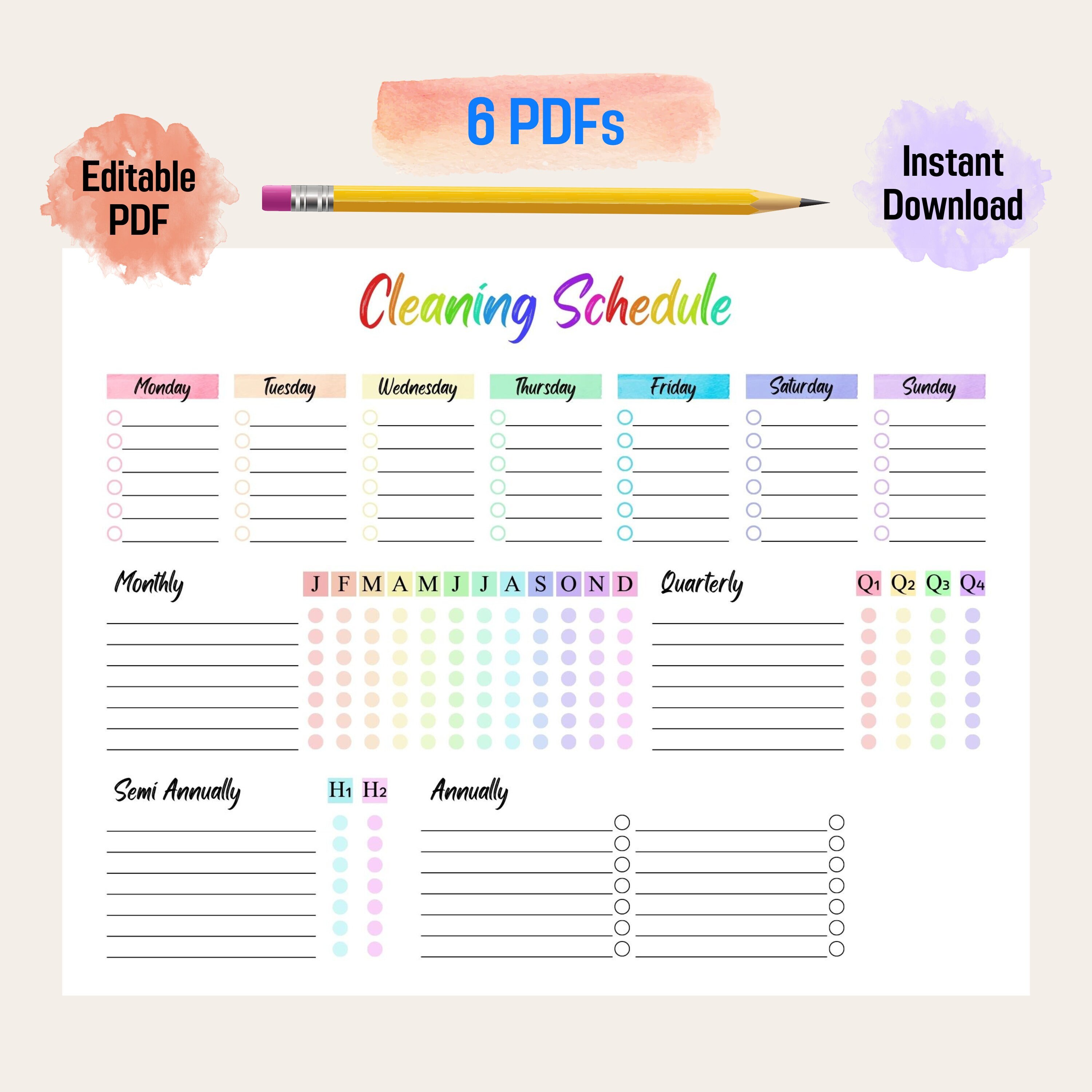 Customizable Cleaning Schedule Rainbow Color Printable for Daily Weekly ...