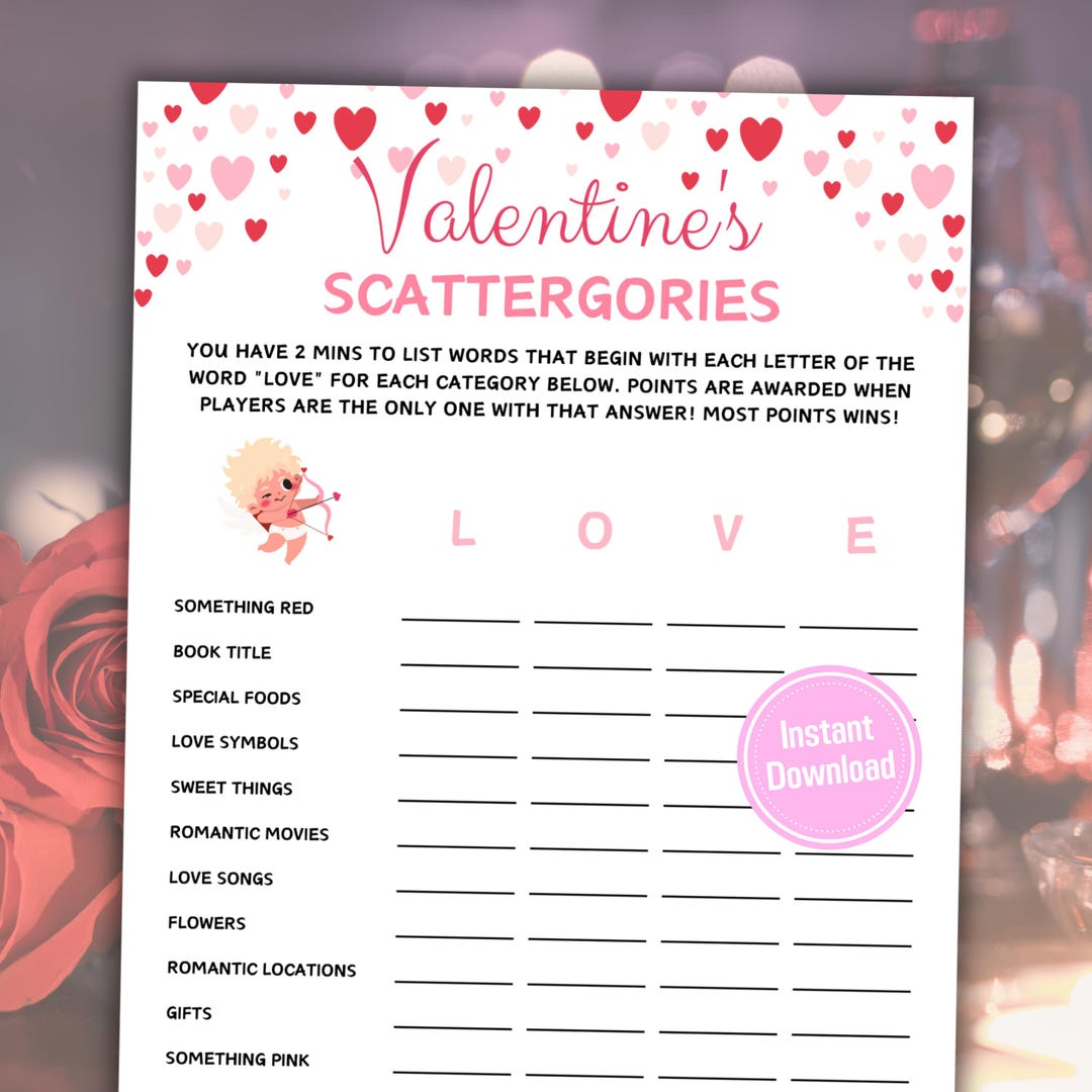 Valentine's Day Scattergories Game | Valentines Day Love Think Fast ...