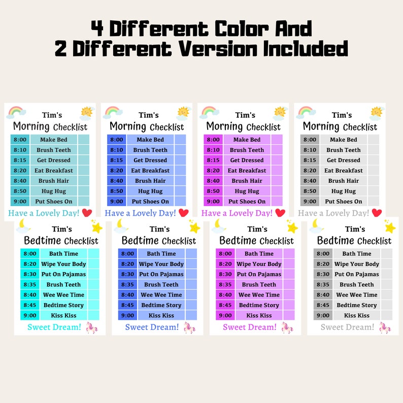 Editable Kids Morning/bedtime Checklist Cool Color Tone Kids Daily ...