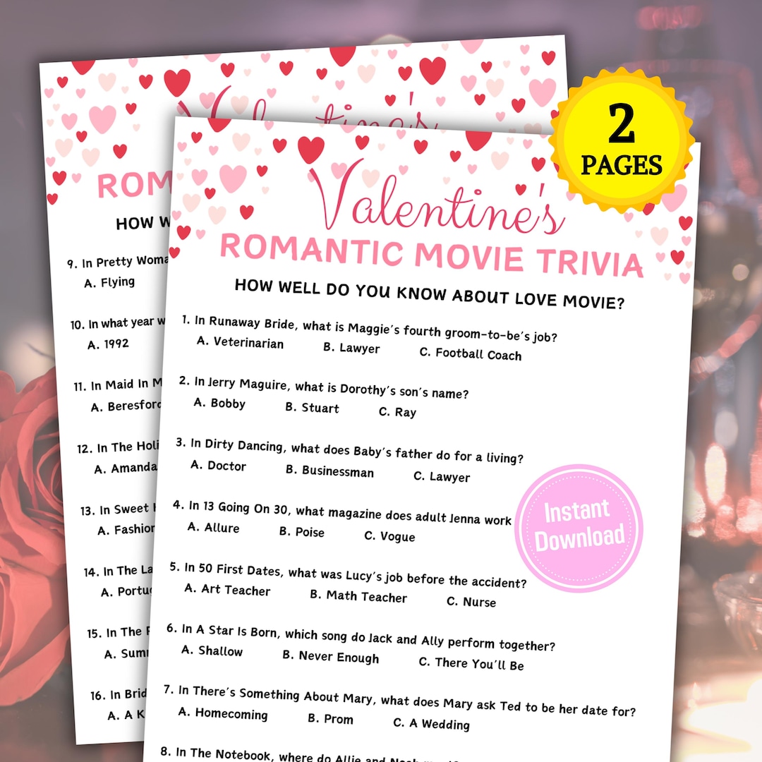 Valentine's Day Romantic Movie Trivia Game | Love Movie Trivia Game ...