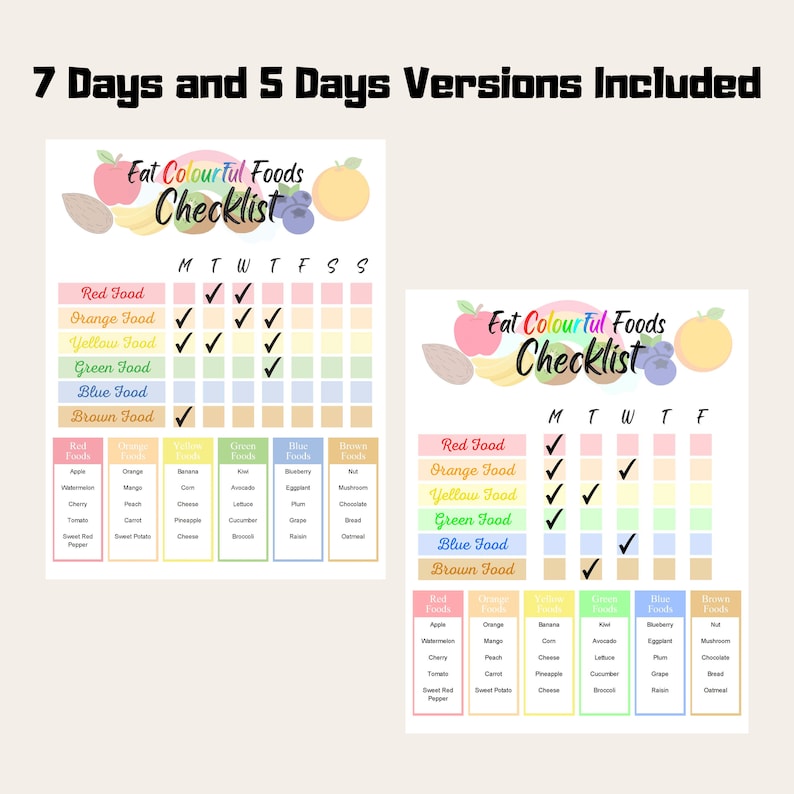 Eat Colourful Foods Checklist, Eat Colorfully, Eat the Rainbow Chart ...