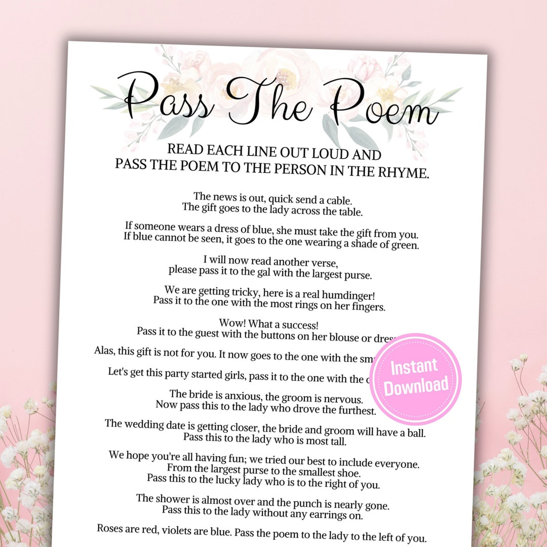 Bridal Shower Pass the Poem Game | Printable Pass the Prize Game Card ...