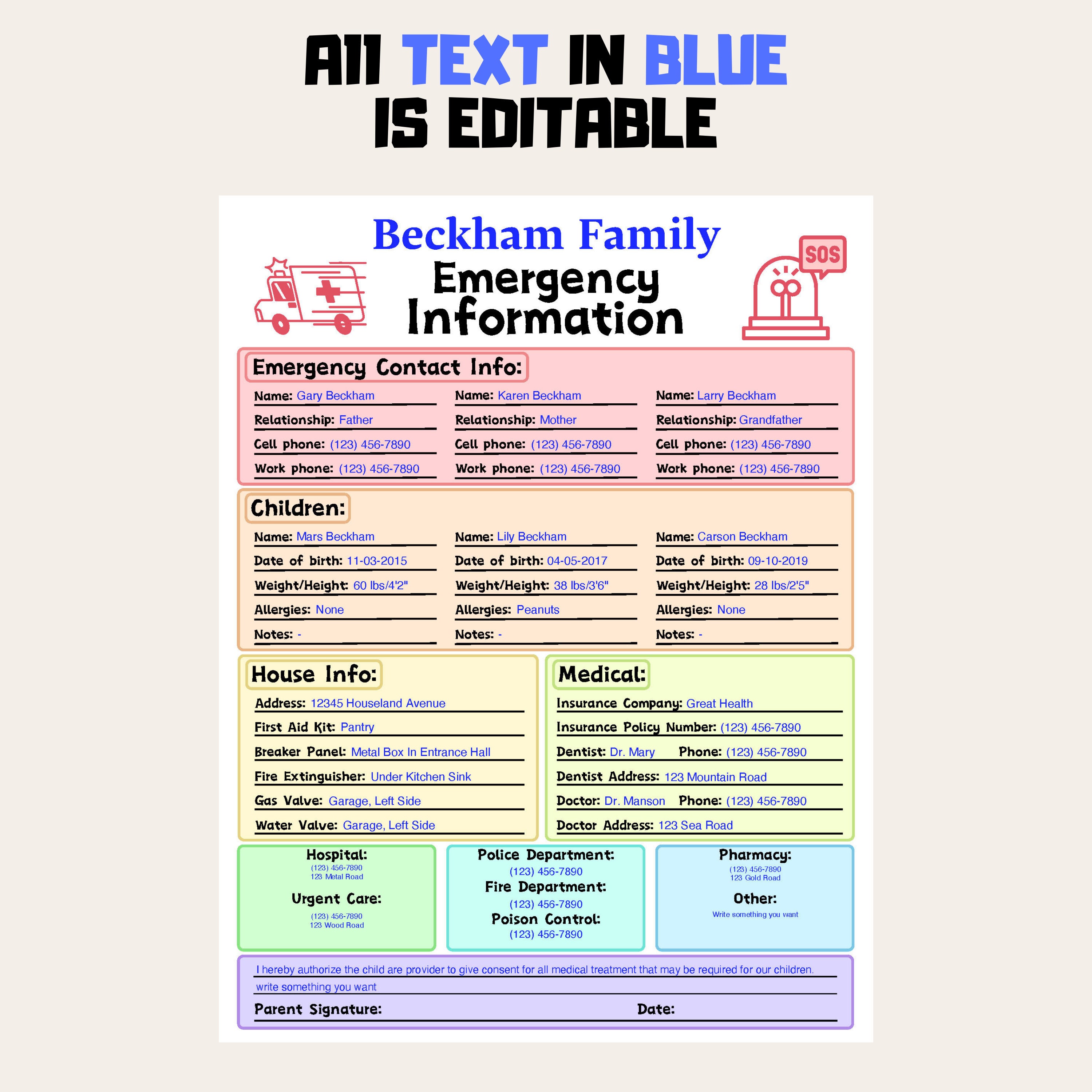 Editable Emergency Information Sheet Bundle All Color Set in Case of ...