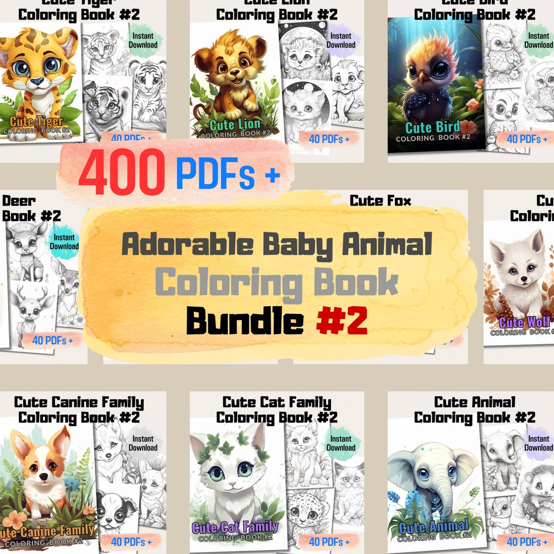 400-pages Cute Baby Animal Coloring Book Bundle, Grayscale Coloring ...