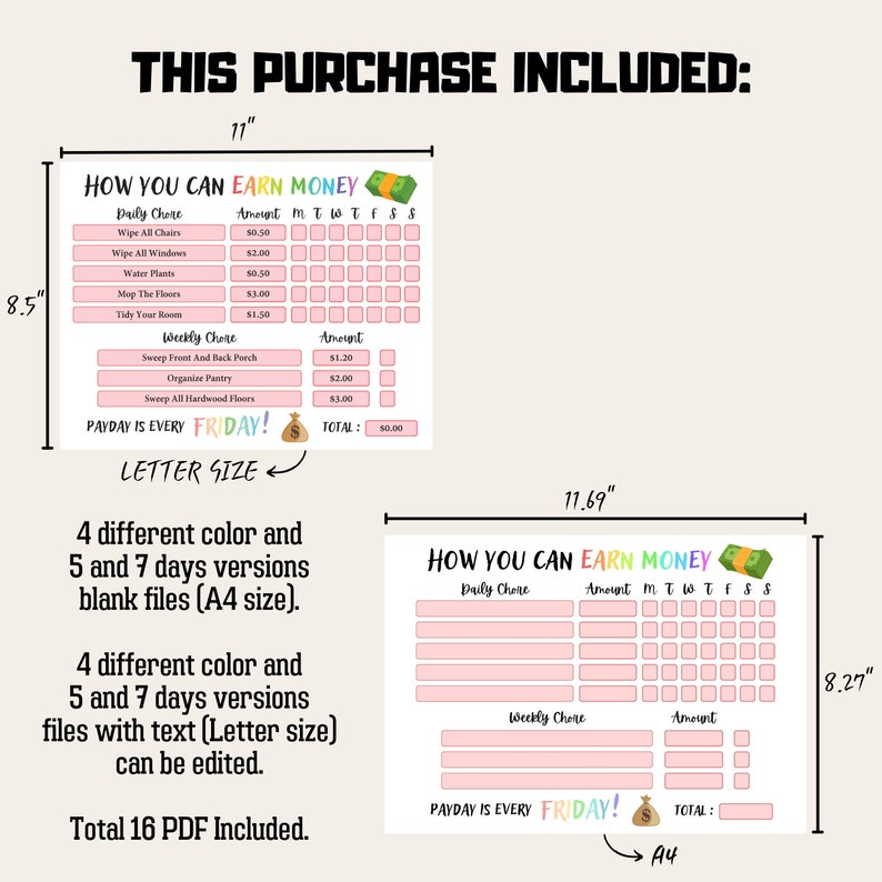 Personalized Kids Chore Chart for Earning Money Warm Color Tone ...