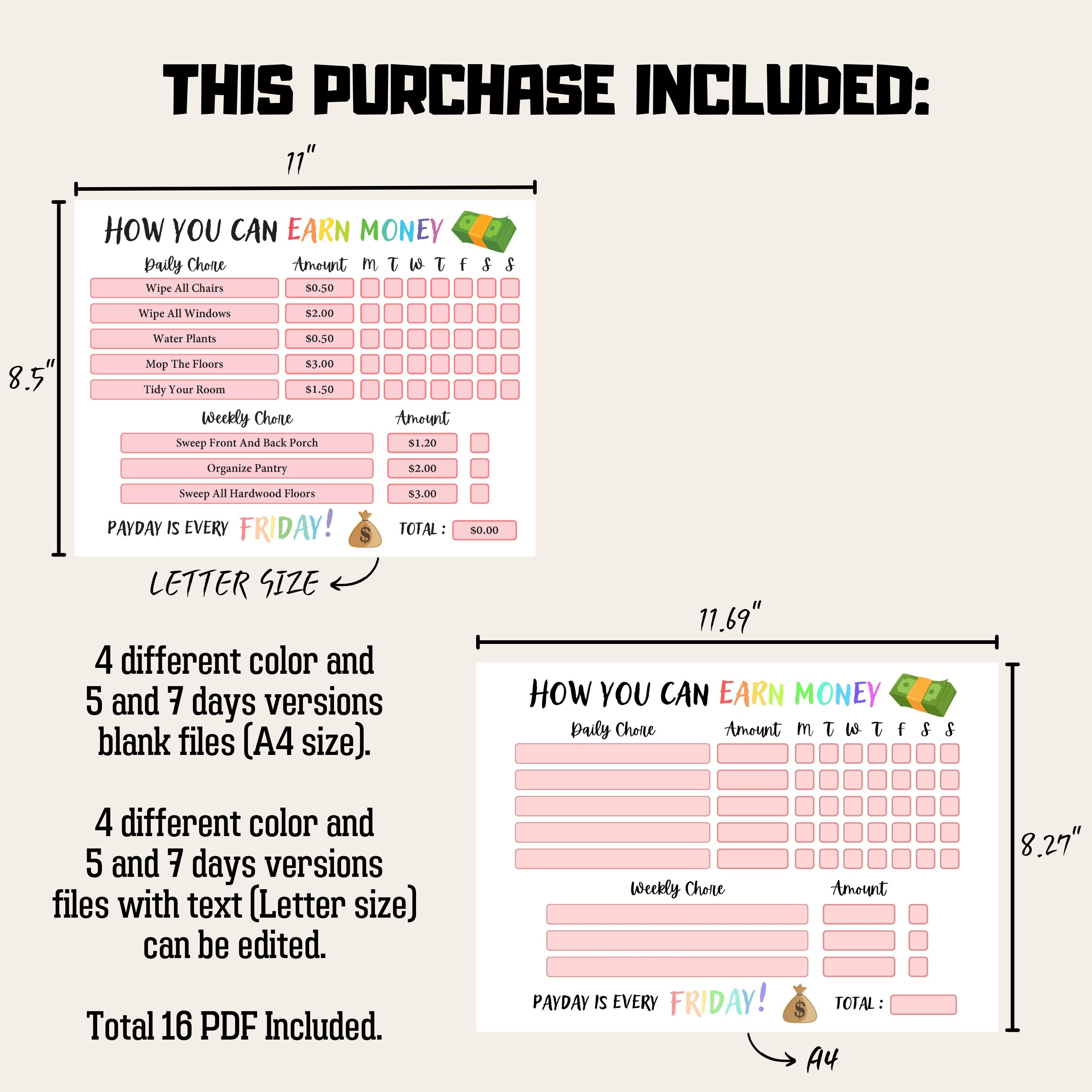 Personalized Kids Chore Chart for Earning Money Warm Color Tone ...