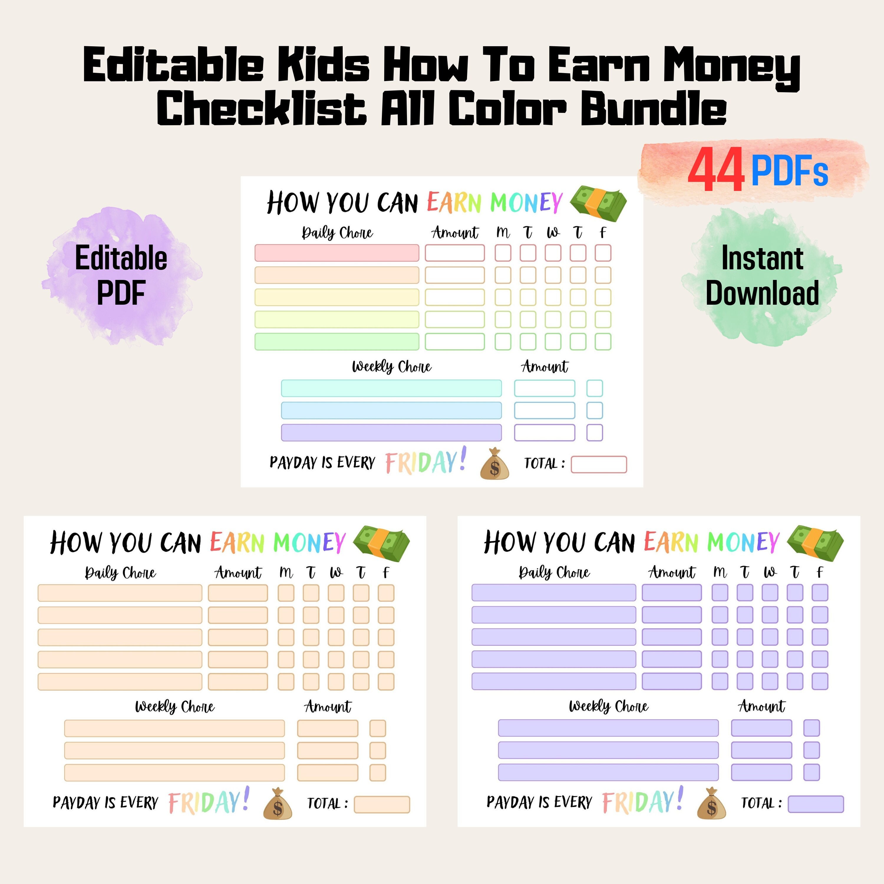 Editable Kids How to Earn Money Checklist All Color Bundle, Editable ...