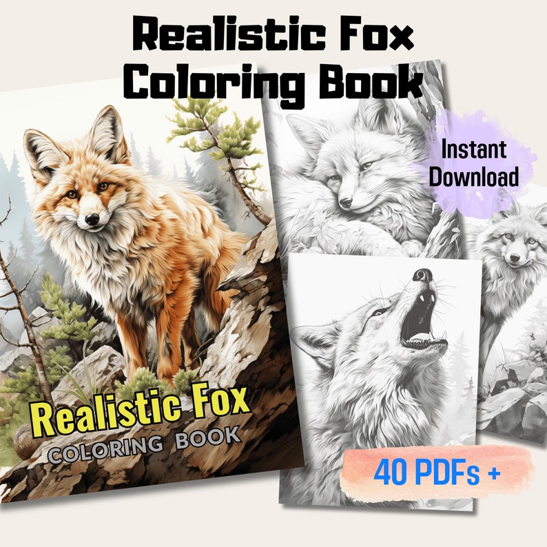20 Realistic Fox Grayscale Coloring Book, 20 Pages for Adults and Kids ...