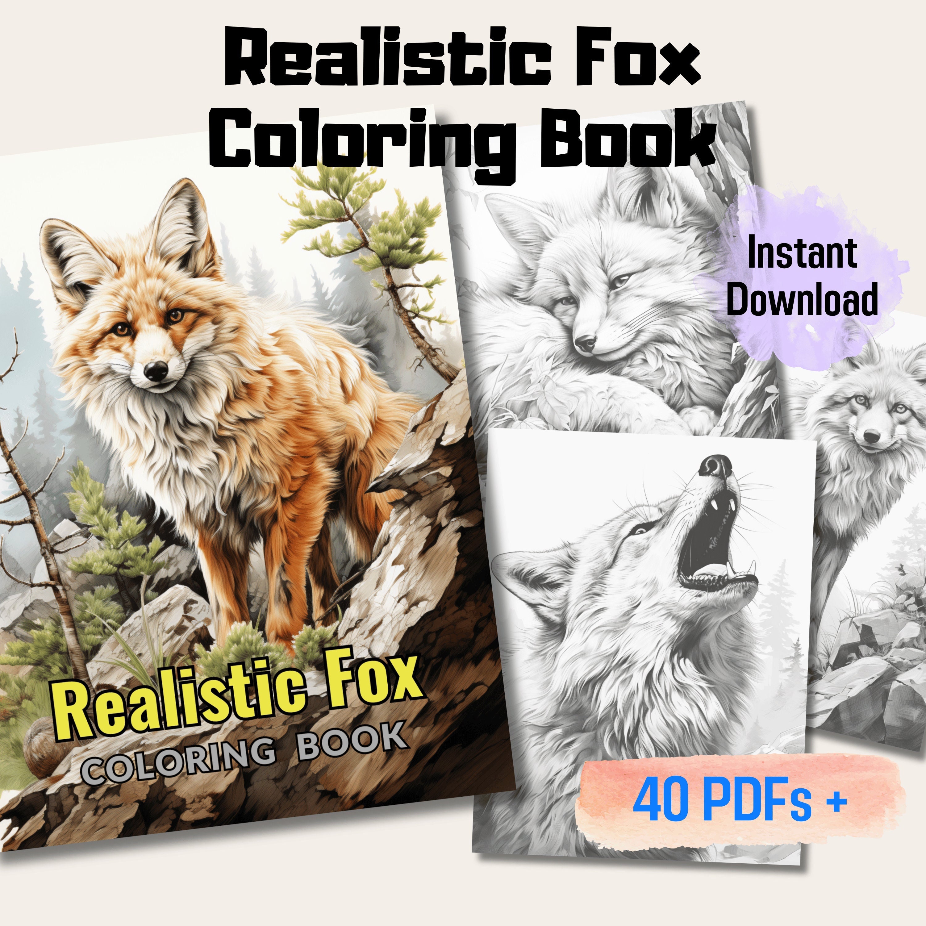 20 Realistic Fox Grayscale Coloring Book, 20 Pages for Adults and Kids ...