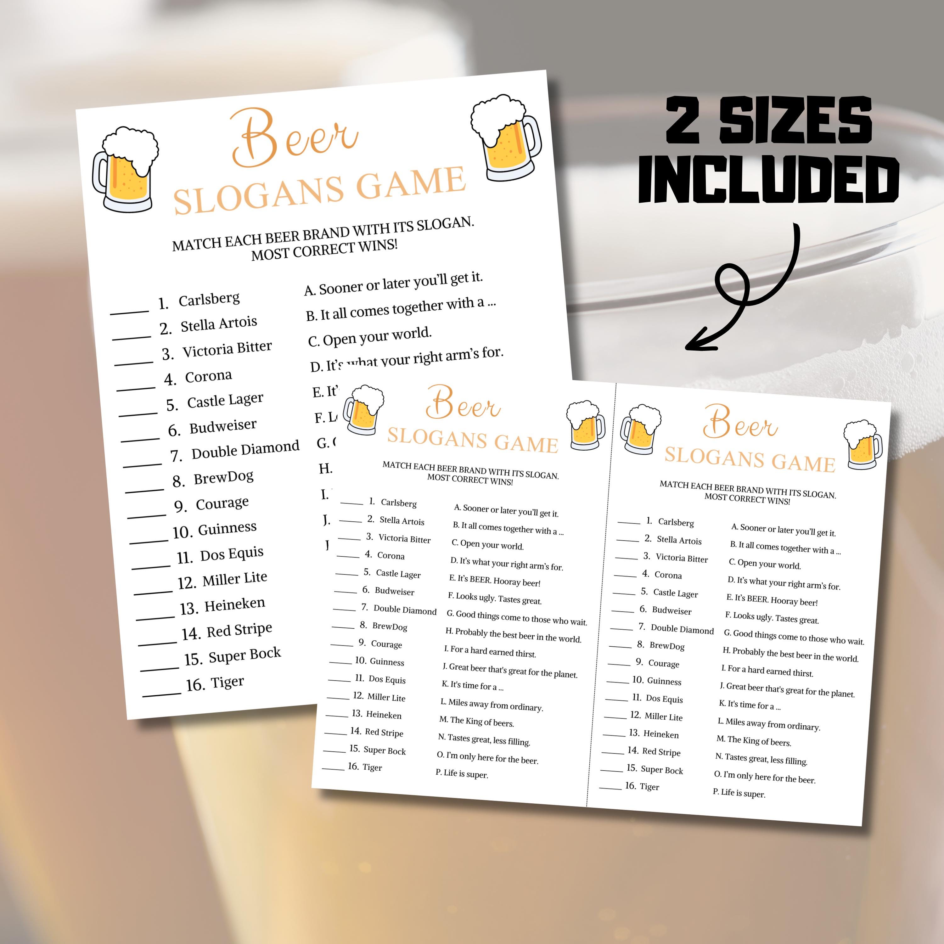 Beer Slogans Game | Printable Beer Tagline Games | Beer Party Trivia ...