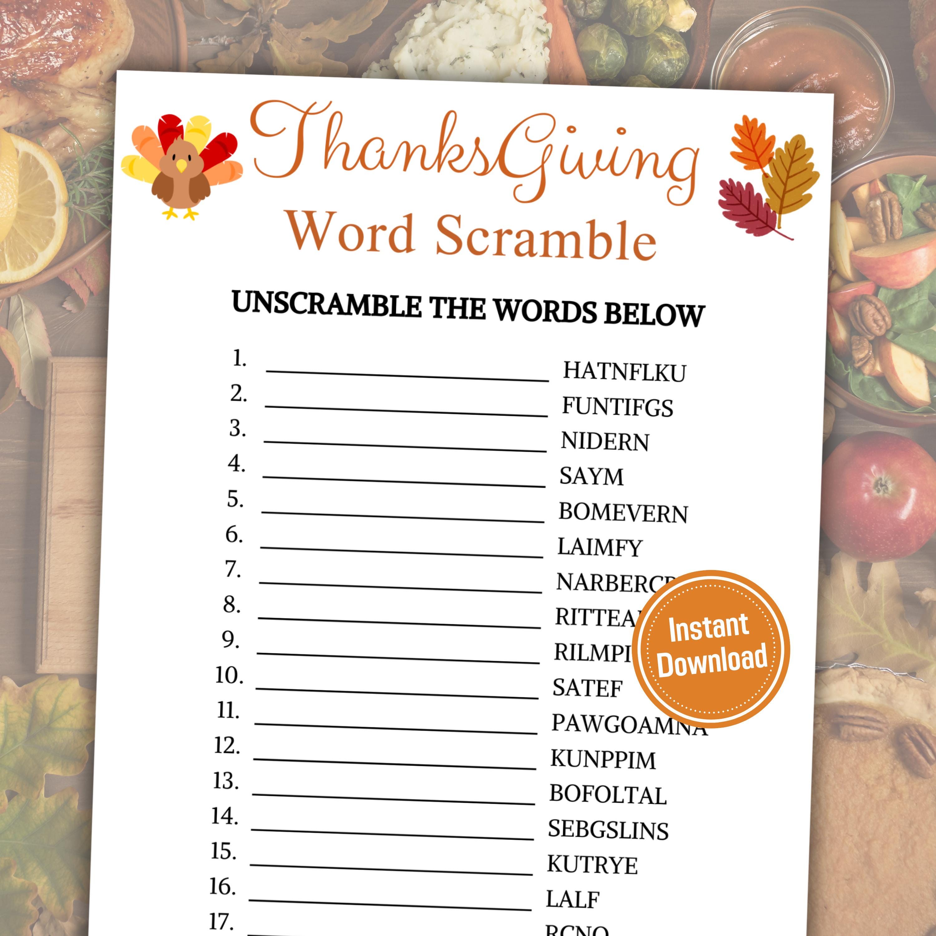 Thanksgiving Word Scramble Game | Thanksgiving Word Game | Fall Trivia ...