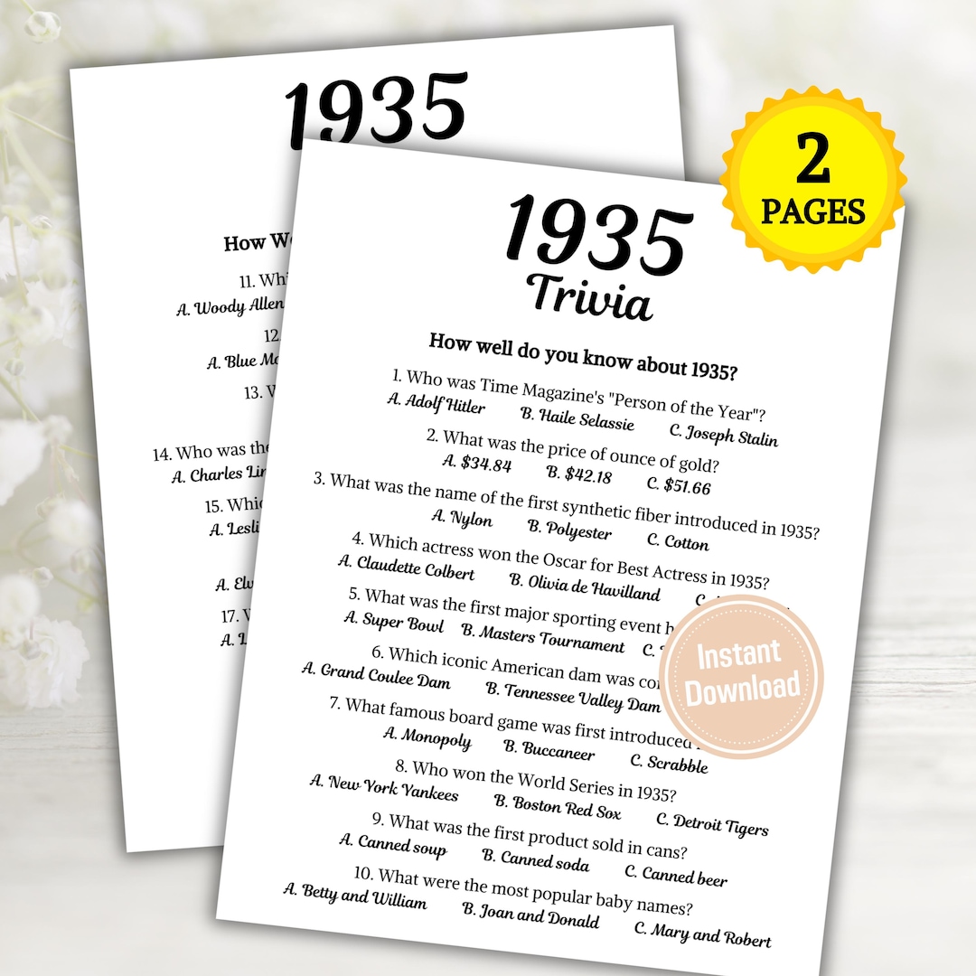 1935 Trivia Game | Printable 90th Birthday Party Game | Born in 1935 ...