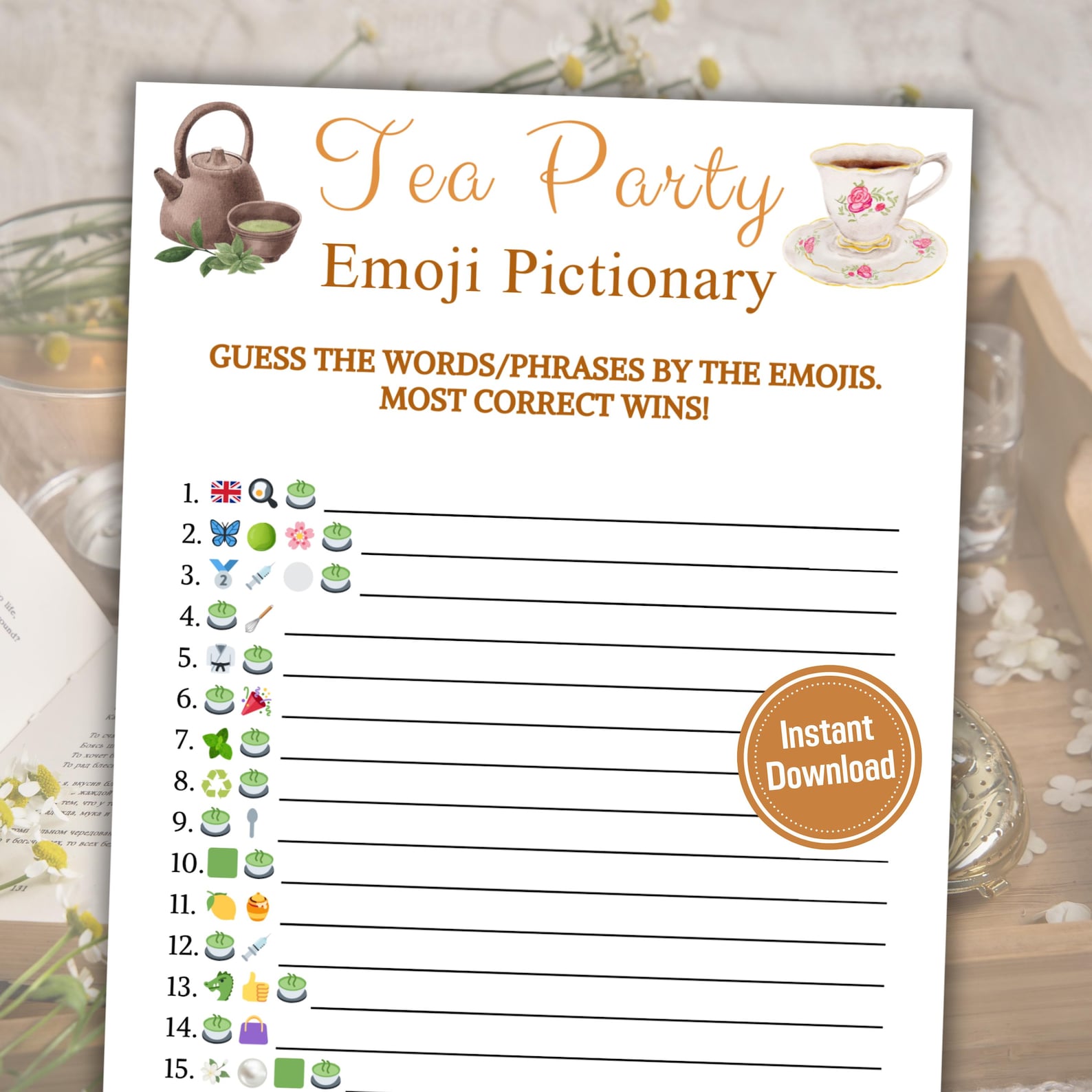 Tea Party Emoji Pictionary Game | Printable Tea Party Emoji Game | Tea ...