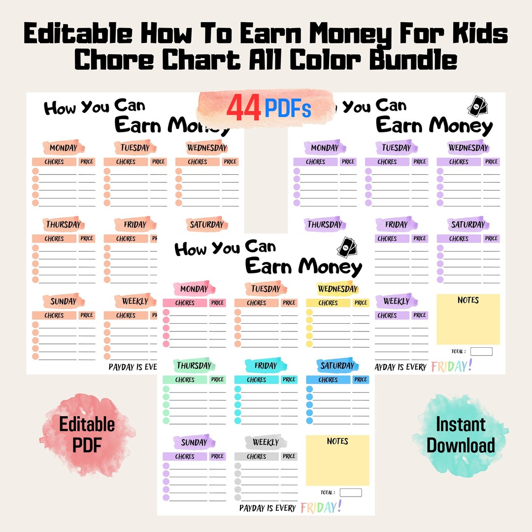 Editable How to Earn Money for Kids Chore Chart All Color Bundle PDF ...
