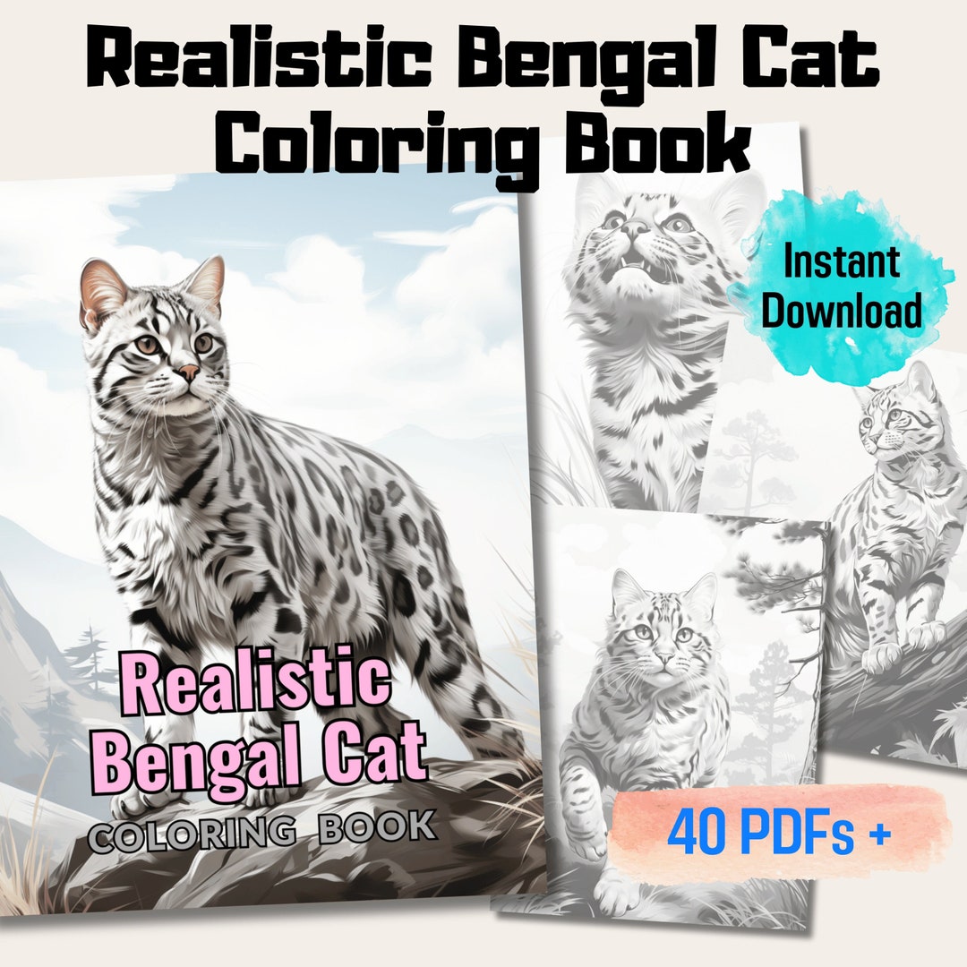 Realistic Bengal Cat Coloring Book, 20 Bengal Cat Grayscale Coloring ...