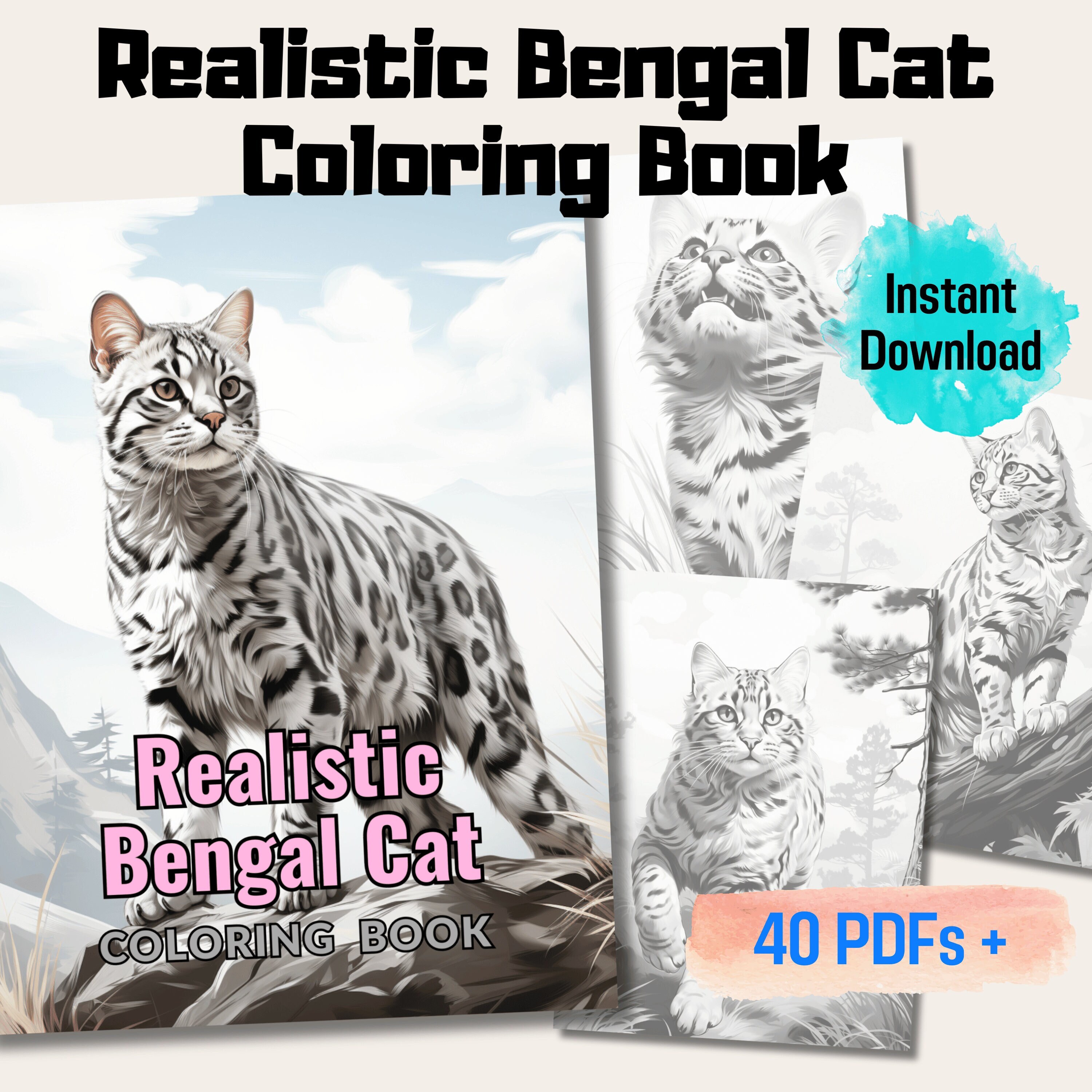 Realistic Bengal Cat Coloring Book, 20 Bengal Cat Grayscale Coloring ...