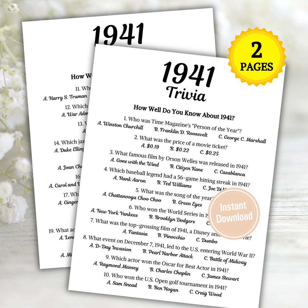 1941 Trivia Game | Printable 85th Birthday Party Game | Born in 1941 ...