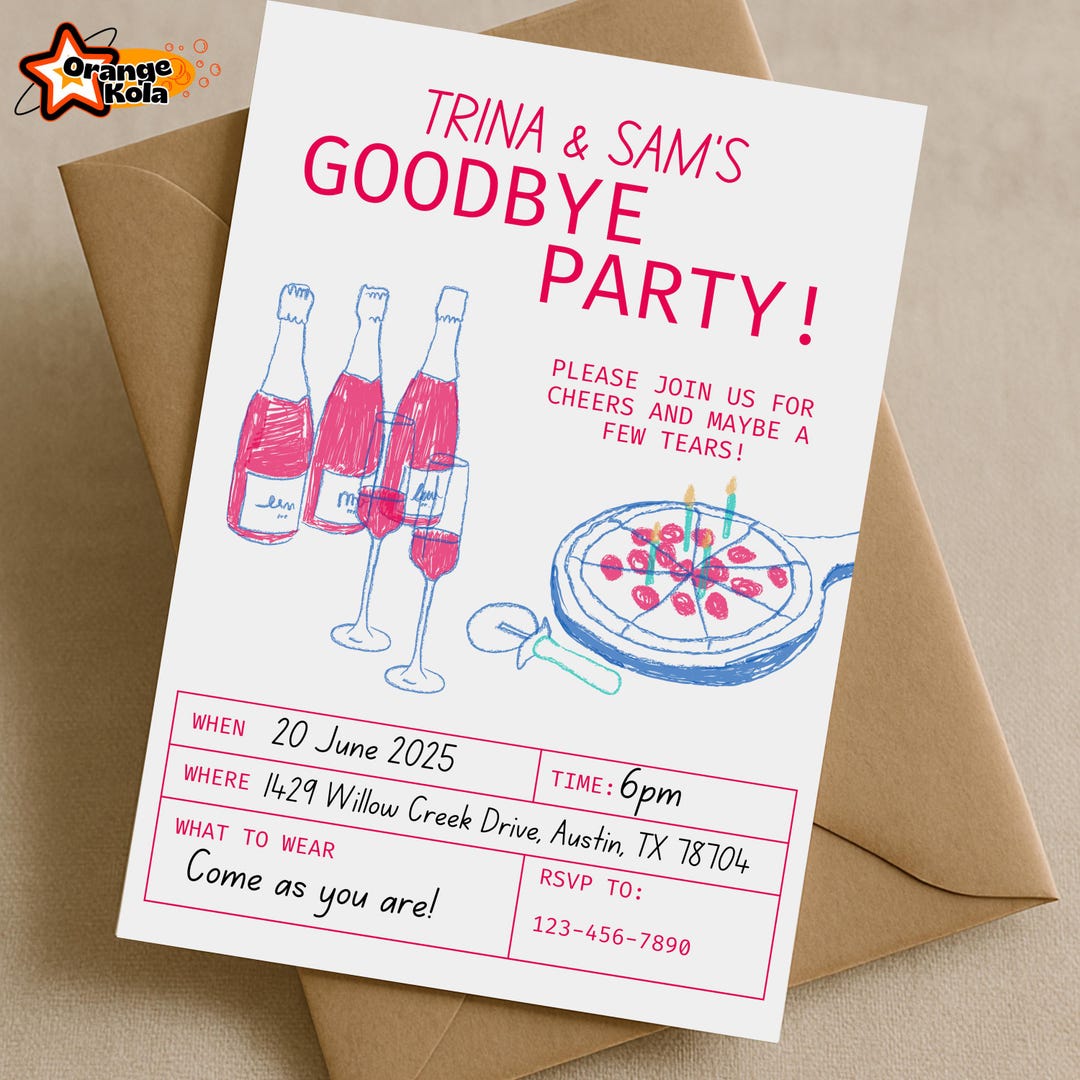 Editable Moving Goodbye Party Invitation Template, Champagne Pizza ...