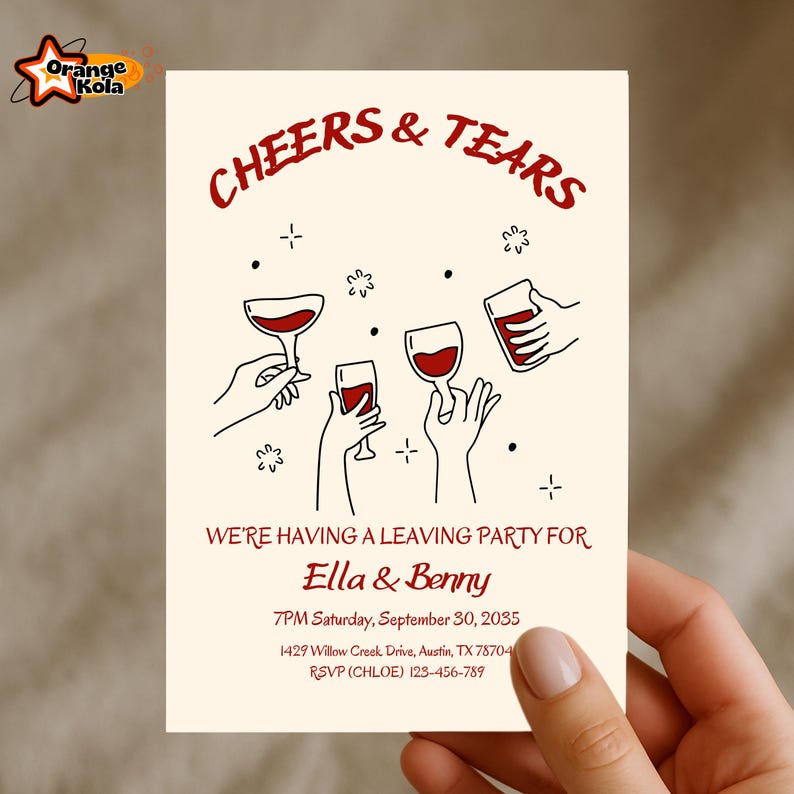 Editable Red Wine Toast Leaving Party Invitation, Cheers & Tears Theme ...
