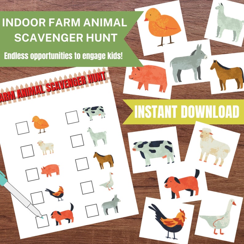 Farm Animal Scavenger Hunt, Indoor Scavenger Hunt for Kids, Farm Animal ...