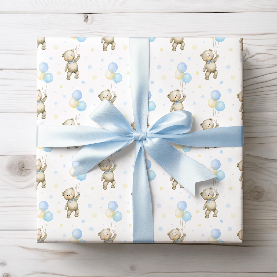 Baby Shower Boy Gift Wrap, Teddy Bear Wrapping Paper Roll for Newborn ...