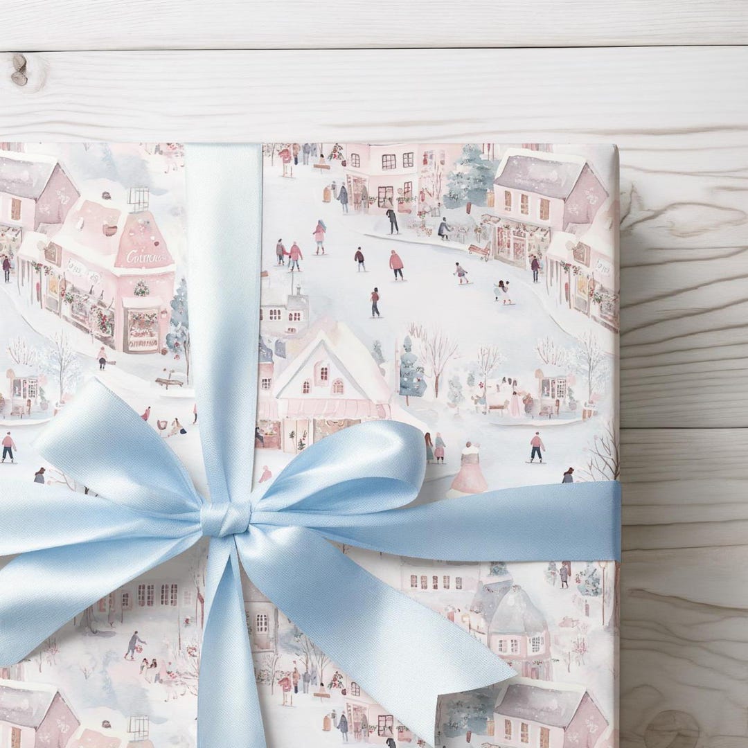 Christmas Village Wrapping Paper, Skating Gift Wrap, Christmas Toile De ...
