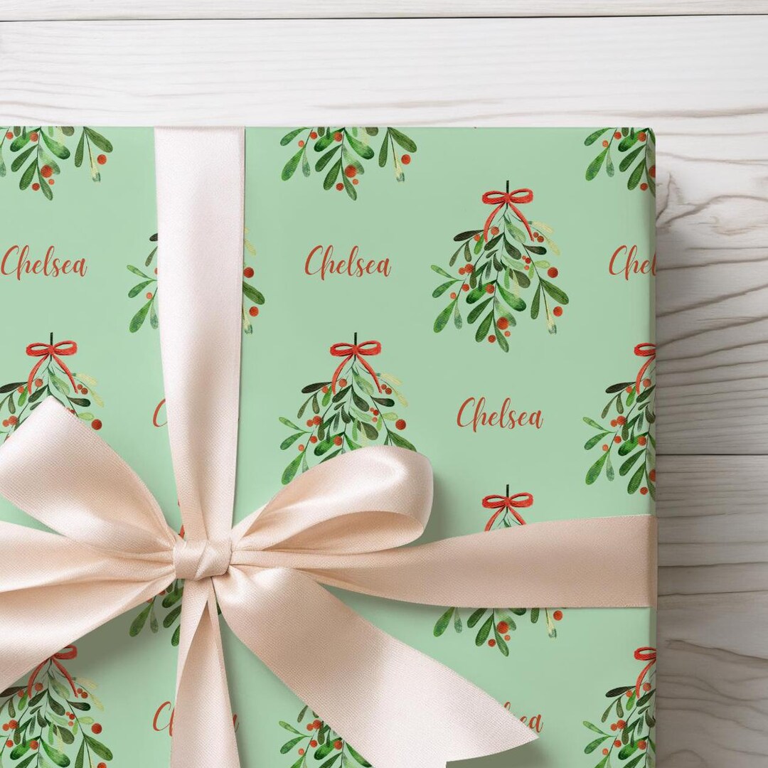 Mistletoe Christmas Wrapping Paper Personalized With Name, Holiday Gift ...