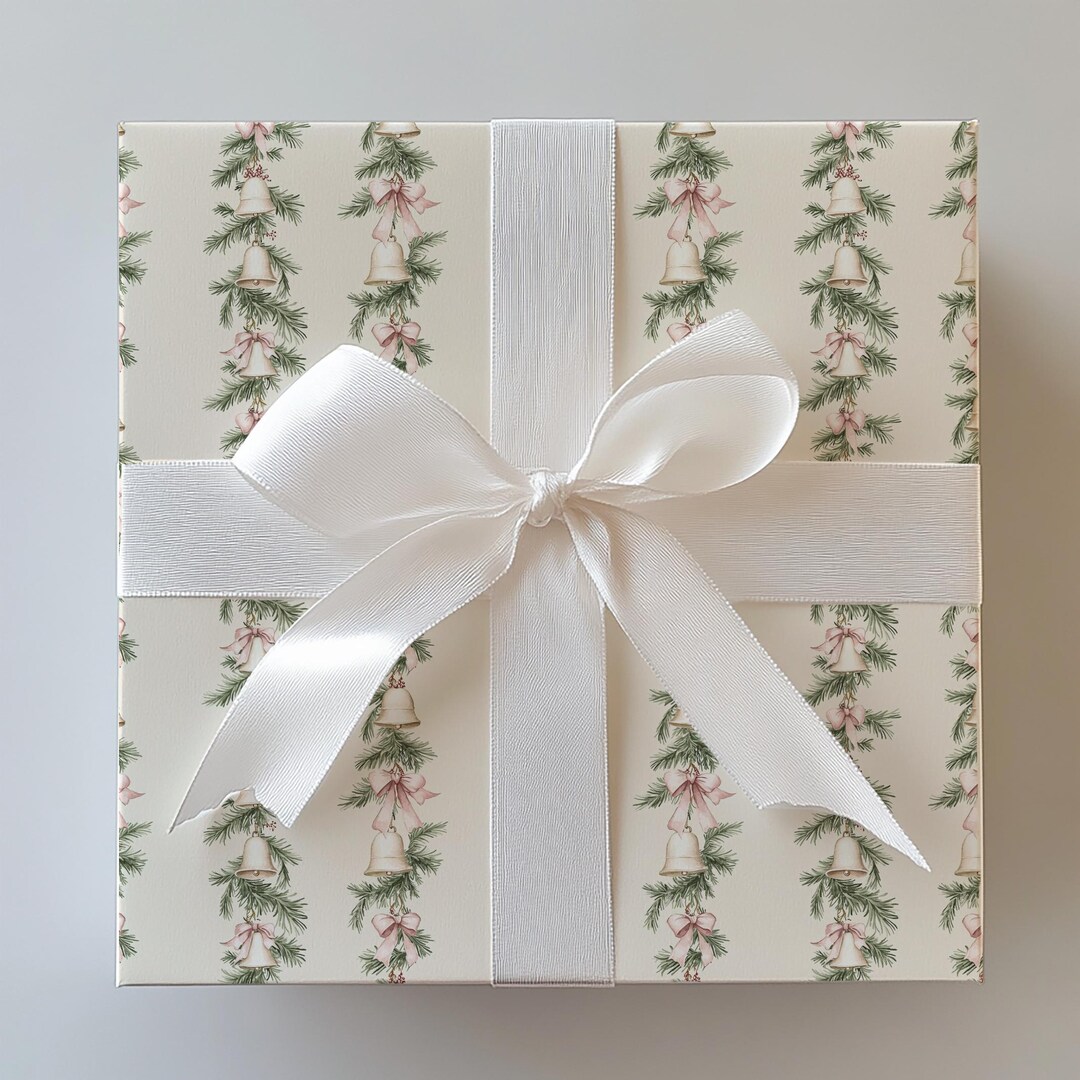 Pink Christmas Wrapping Paper - Bells & Bows Holiday Gift Wrap, Cute ...