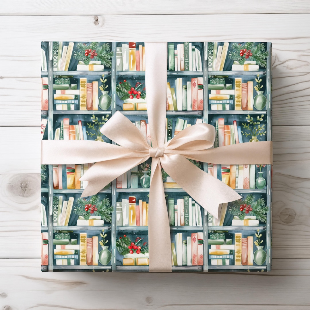 Wrapping Paper Christmas Bookshelf, Holiday Book Gift Wrap, Book Lover ...