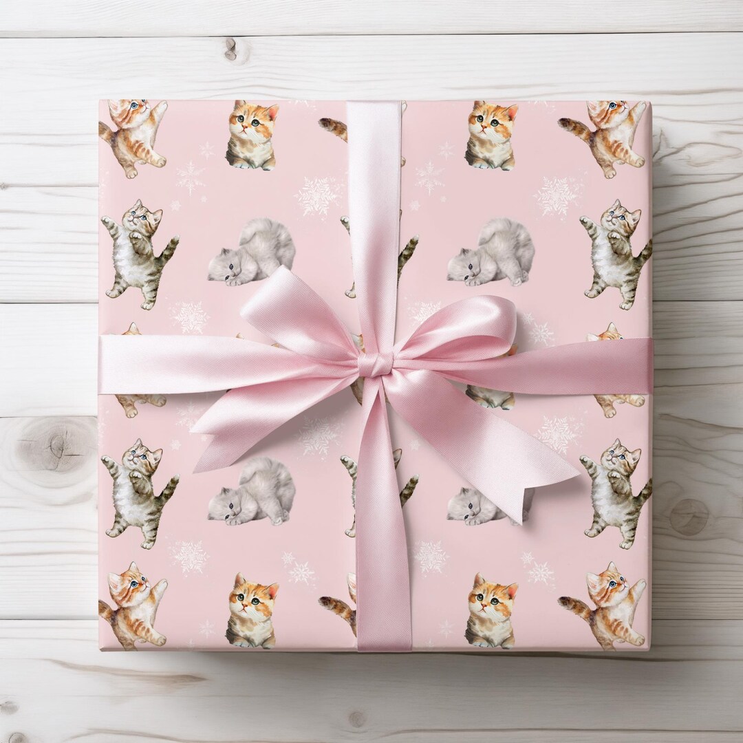 Winter Kitten Wrapping Paper Roll, Pink Christmas Cat Gift Wrap, Cat ...