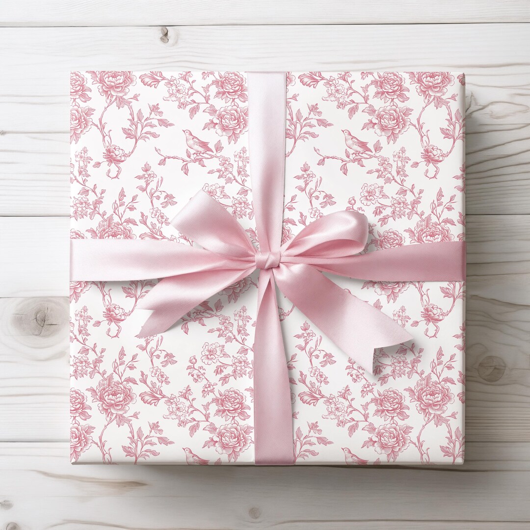 Pink Floral Toile Wrapping Paper Roll, Floral Chinoiserie, Baby Shower ...