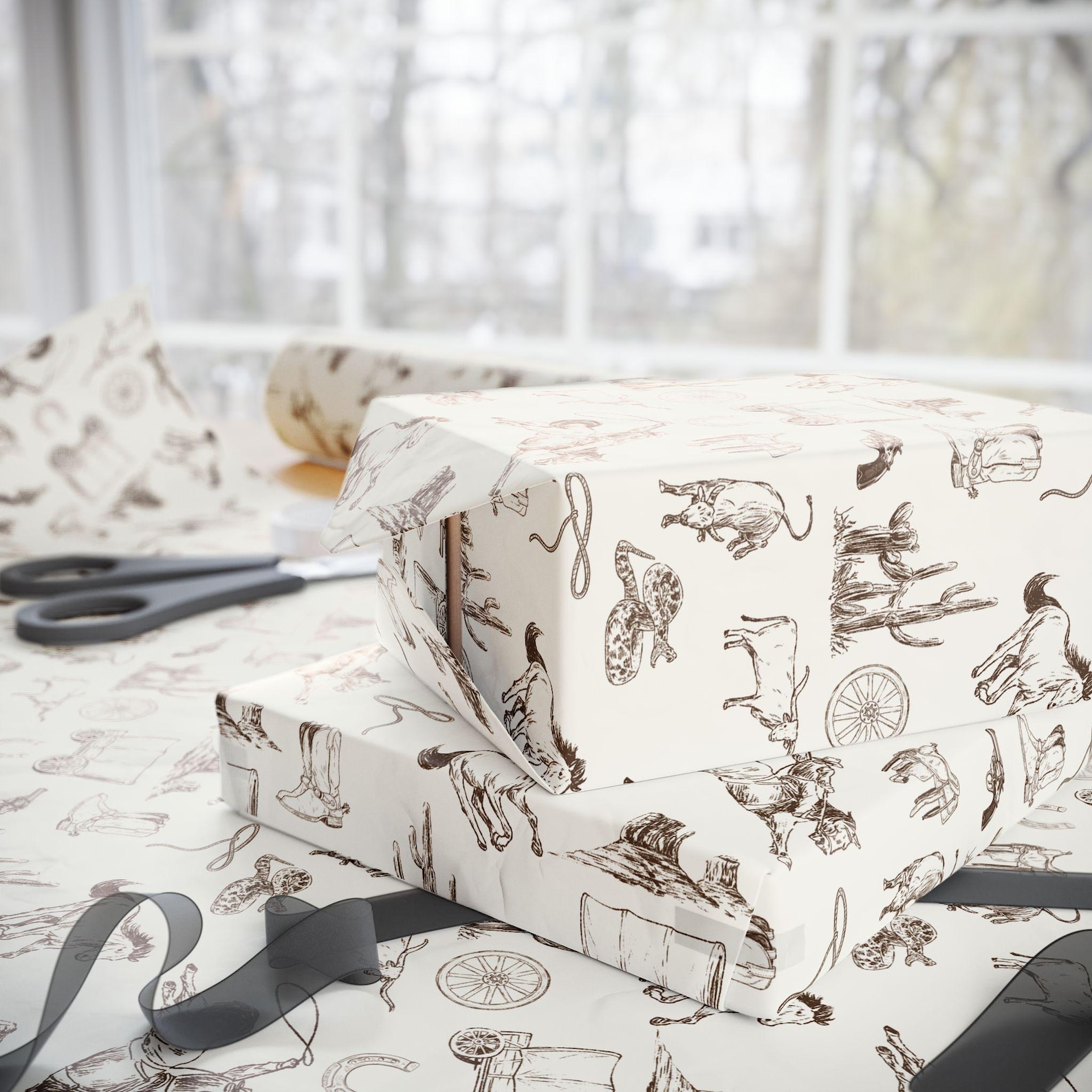 Cowboy Wrapping Paper Roll, Vintage Gift Wrap, Cowboy Toile De Jouy ...