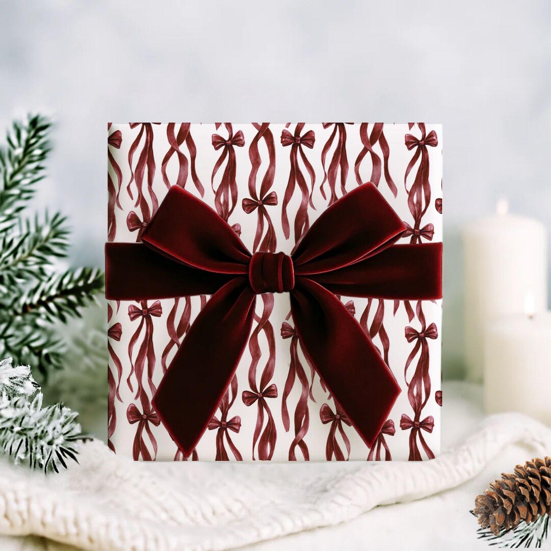 Hand Painted Red Bow Wrapping Paper Roll, Elegant Christmas Gift Wrap ...