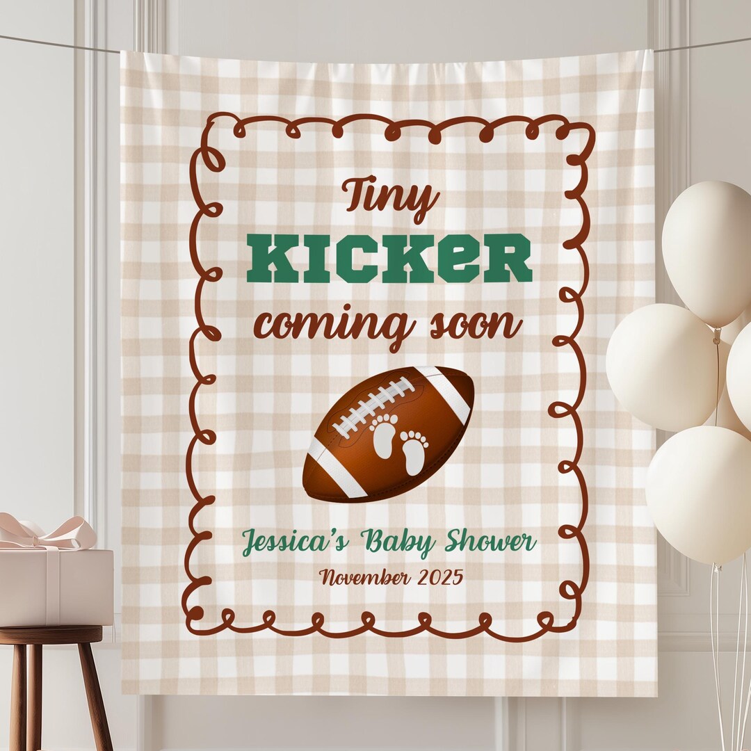 Football Baby Shower Banner Personalized - Tiny Kicker Coming Soon Sign ...