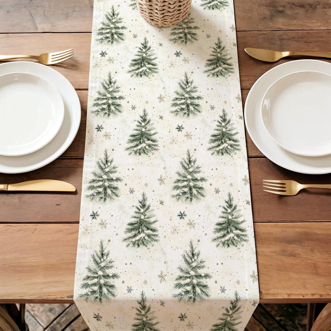 Elegant Christmas Tree Table Runner Green White Gold, Holiday Table ...
