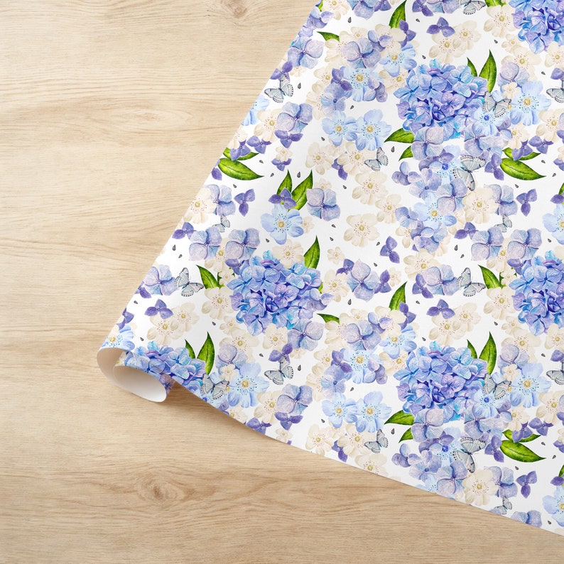 Hydrangea Wrapping Paper Blue Floral Coastal Girly Preppy Gift Wrap ...