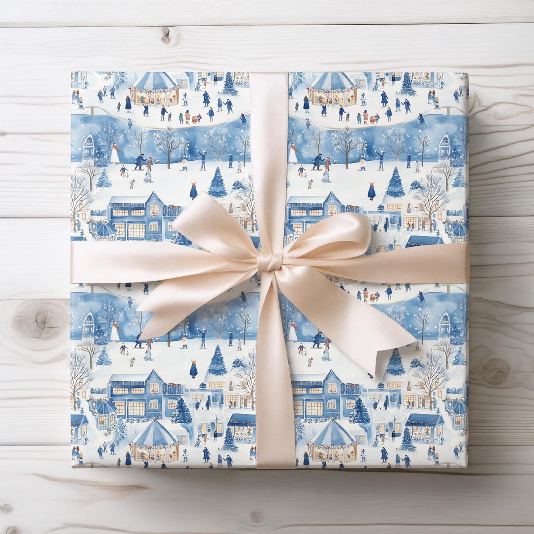 Christmas Wrapping Paper Roll, Skating Gift Wrap, Christmas Toile De ...